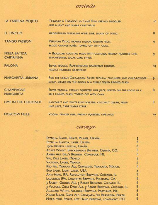 Menu at La Taberna Tapas on Maxwell pub & bar, Chicago