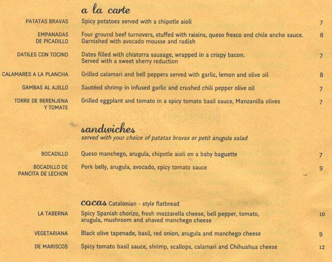 Menu at La Taberna Tapas on Maxwell pub & bar, Chicago