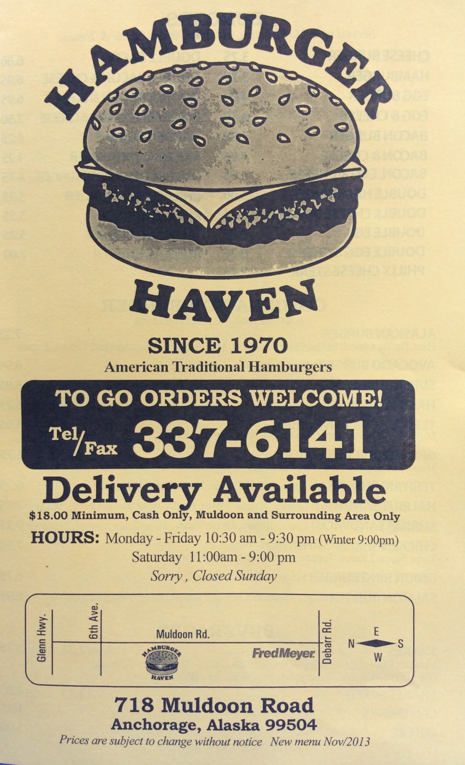 Menu at Hamburger Haven restaurant, Anchorage