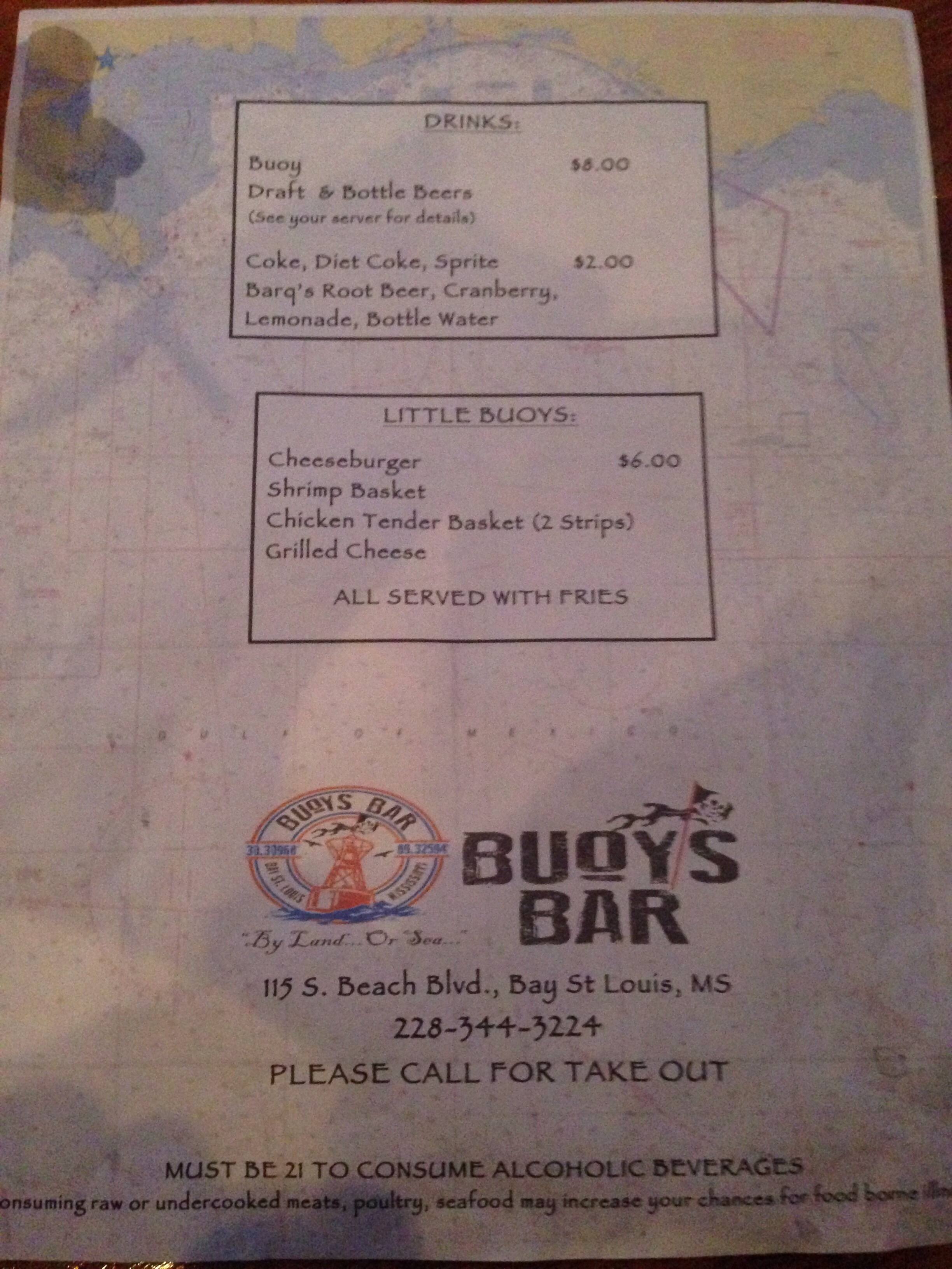 Menu at Buoys Bar, Bay Saint Louis, 115 S Beach Blvd