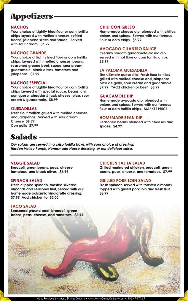 Menu at La Paloma Mexican Restaurante, Lincoln, Northwoods Dr