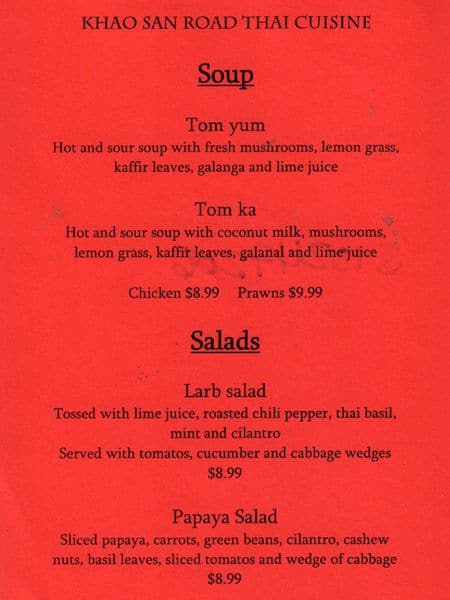 Menu at Khao San Road Thai Cuisine restaurant, Seattle