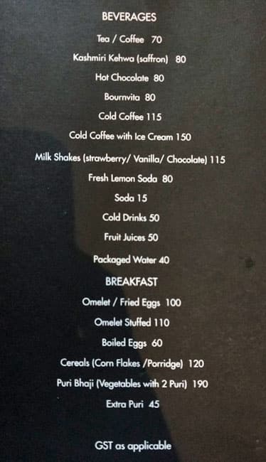 Menu of Ahdoo's, Lal Chowk, Srinagar