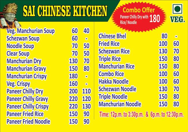 Menu of Sai Chinese Kitchen, Khar, Mumbai