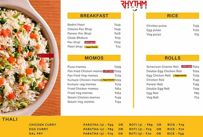 Menu at Rhythm Foods, Bengaluru