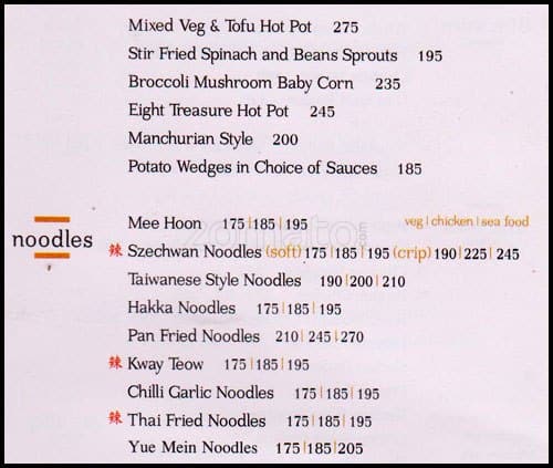 Menu at Cascade, Chennai, Thirumalai Pillai Road