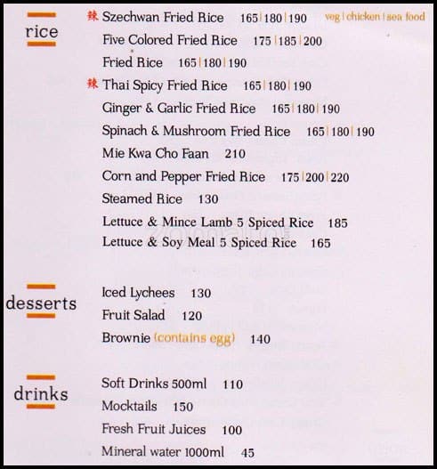 Menu at The Cascade, Chennai, 85/5