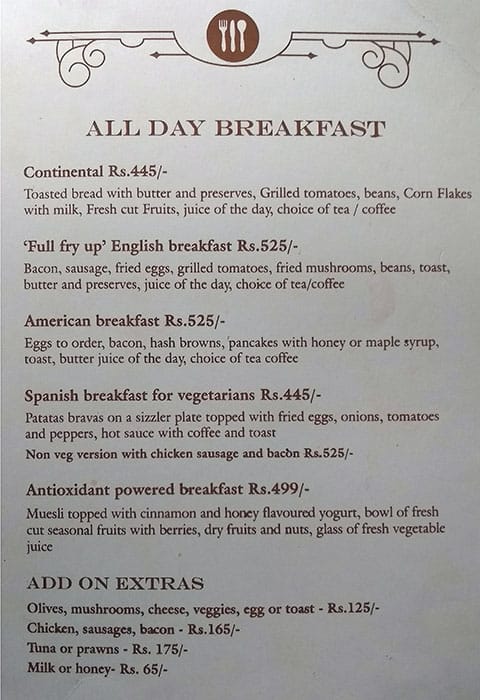 Menu of Chamiers Cafe, RA Puram, Chennai