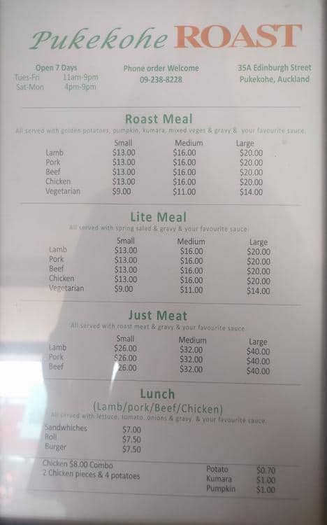 Menu at Pukekohe Roast cafe, Pukekohe, 35 Edinburgh Street