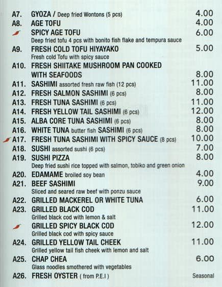Menu at Sushi Maido restaurant, Toronto