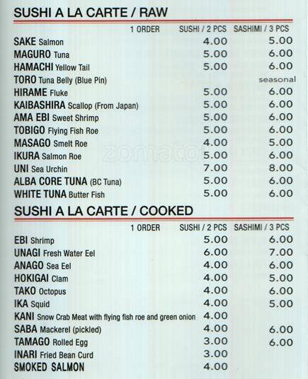 Menu at Sushi Maido restaurant, Toronto