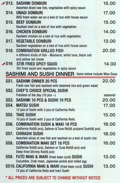 Menu at Sushi Maido restaurant, Toronto