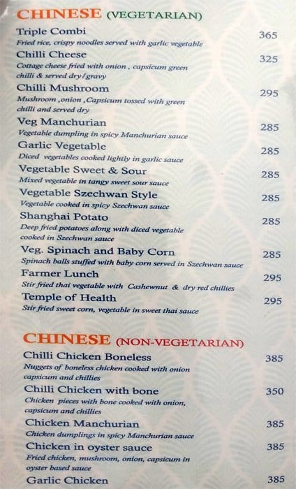 Menu at Open House, Chandigarh