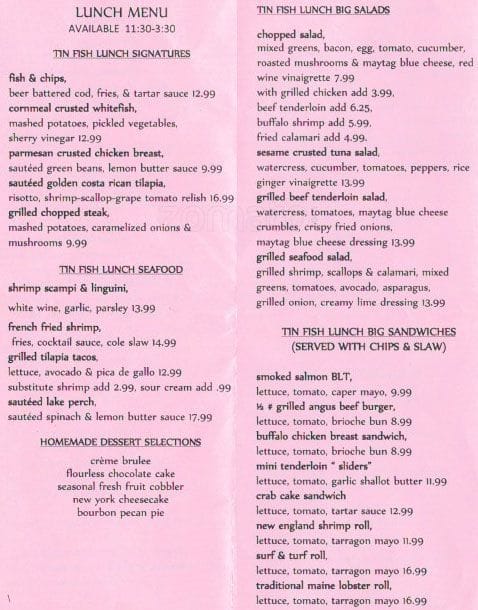 Menu at Tin Fish pub & bar, Tinley Park, S Harlem Ave