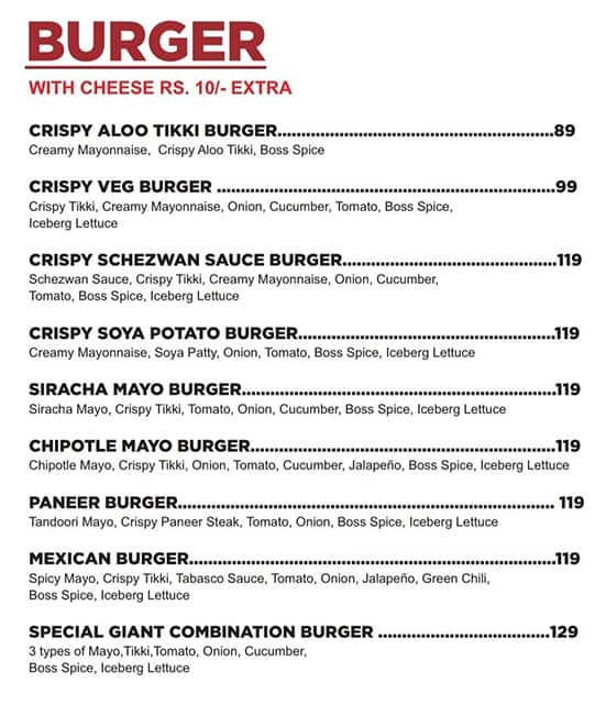 Menu at BOSS Burger (Delivery outlet), Pune