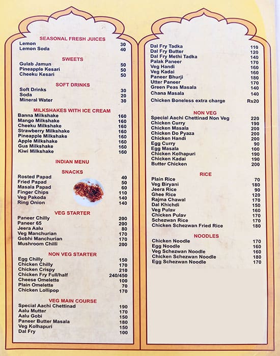 Menu of Aachis Chettinad, Calangute, Goa