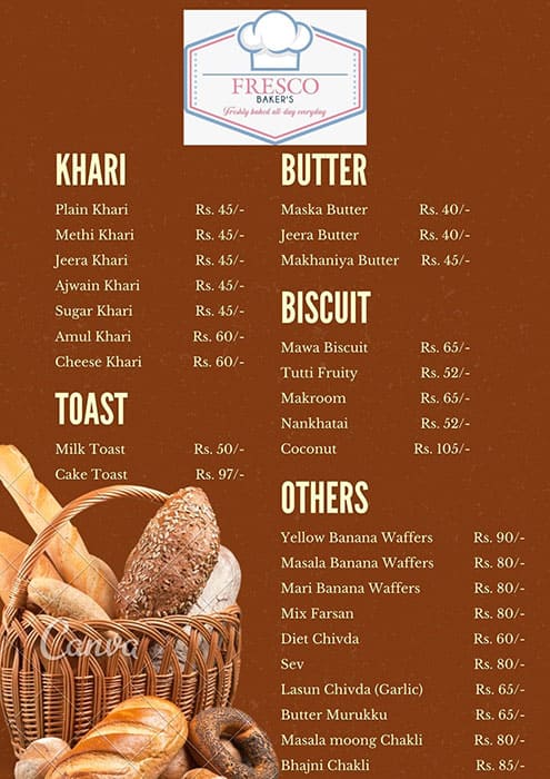 Menu of Fresco Bakers, Dadar West, Mumbai