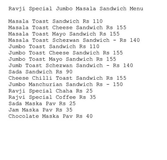Menu of Ravji Special Jumbo Masala Sandwich, New Panvel, Navi Mumbai