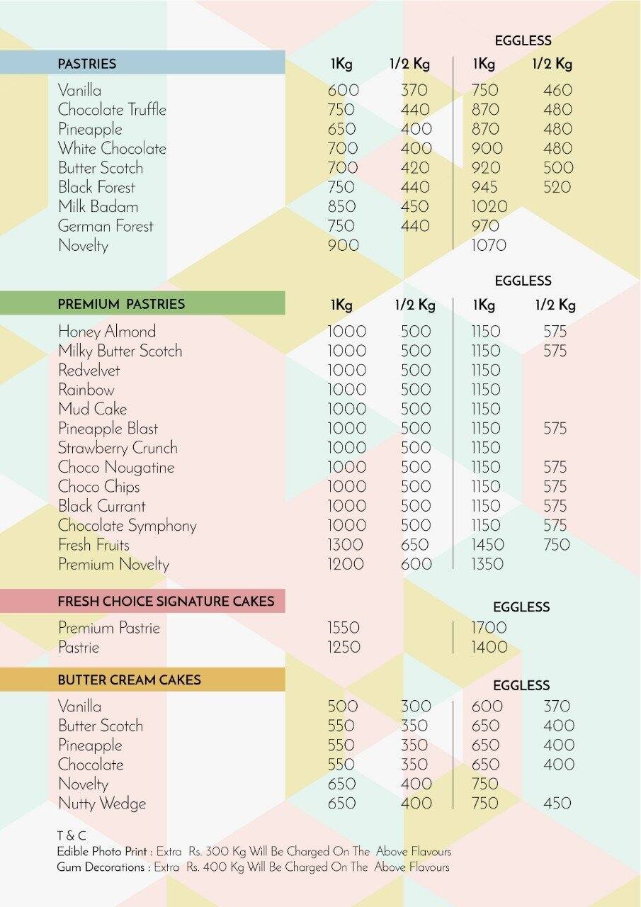 Menu at Fresh Choice Bakery, Visakhapatnam, 80 Feet Road
