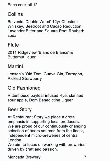 Menu at Restaurant Story, London, 199 Tooley St