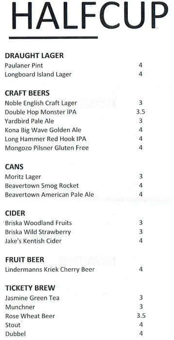 Menu at Half Cup cafe, London, 100-102 Judd St