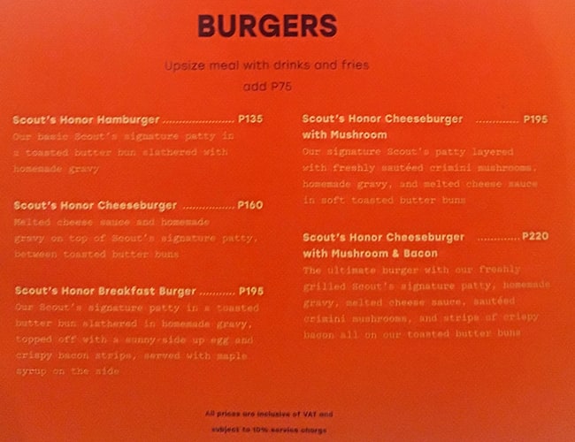 Menu at Scout's Honor cafe, Quezon City, SM City North Edsa