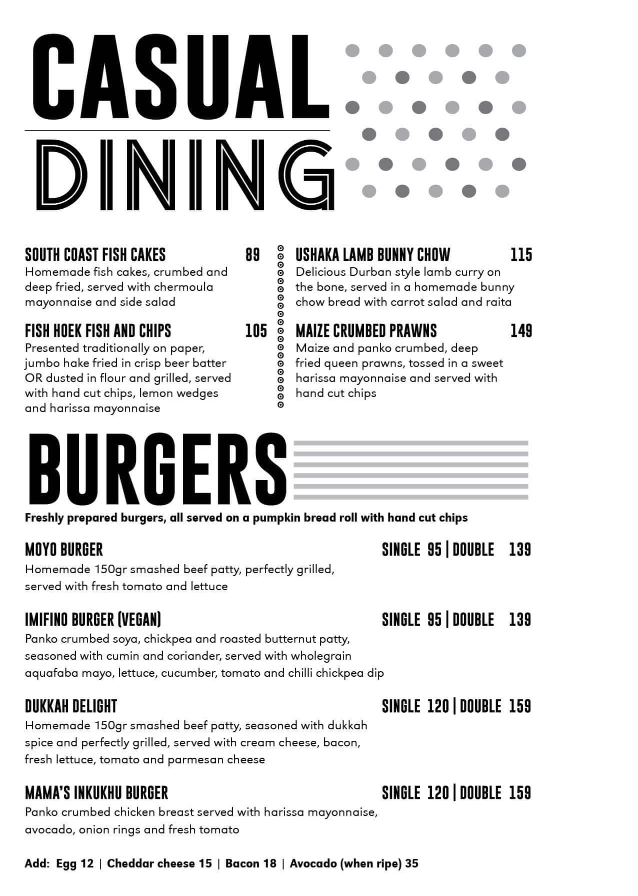 Menu at moyo Zoo Lake restaurant, Johannesburg