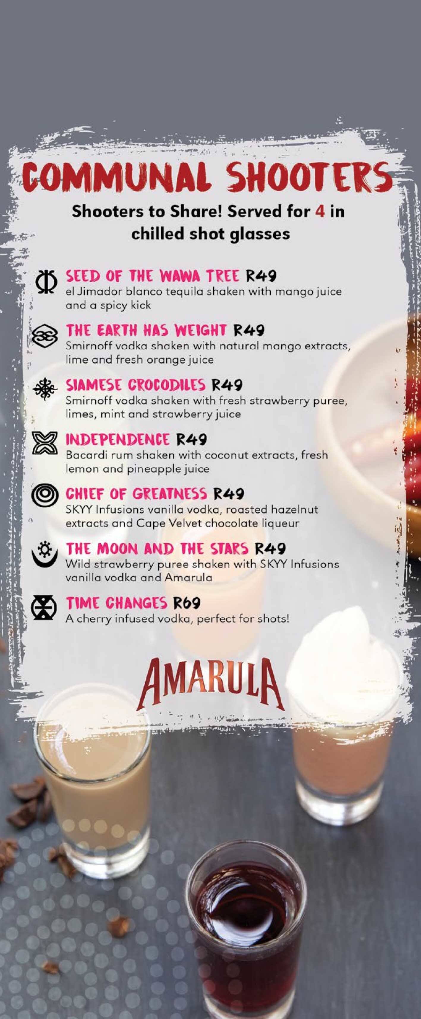 Menu at moyo Zoo Lake restaurant, Johannesburg