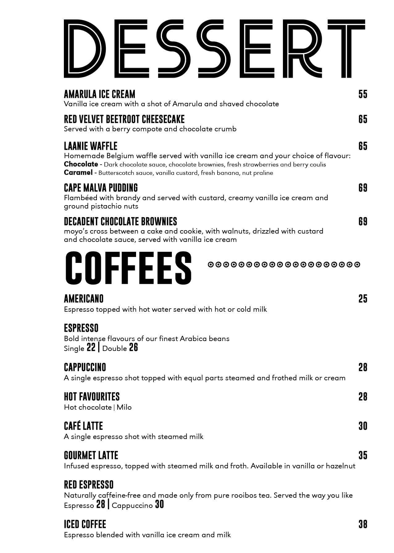 Menu at moyo Zoo Lake restaurant, Johannesburg