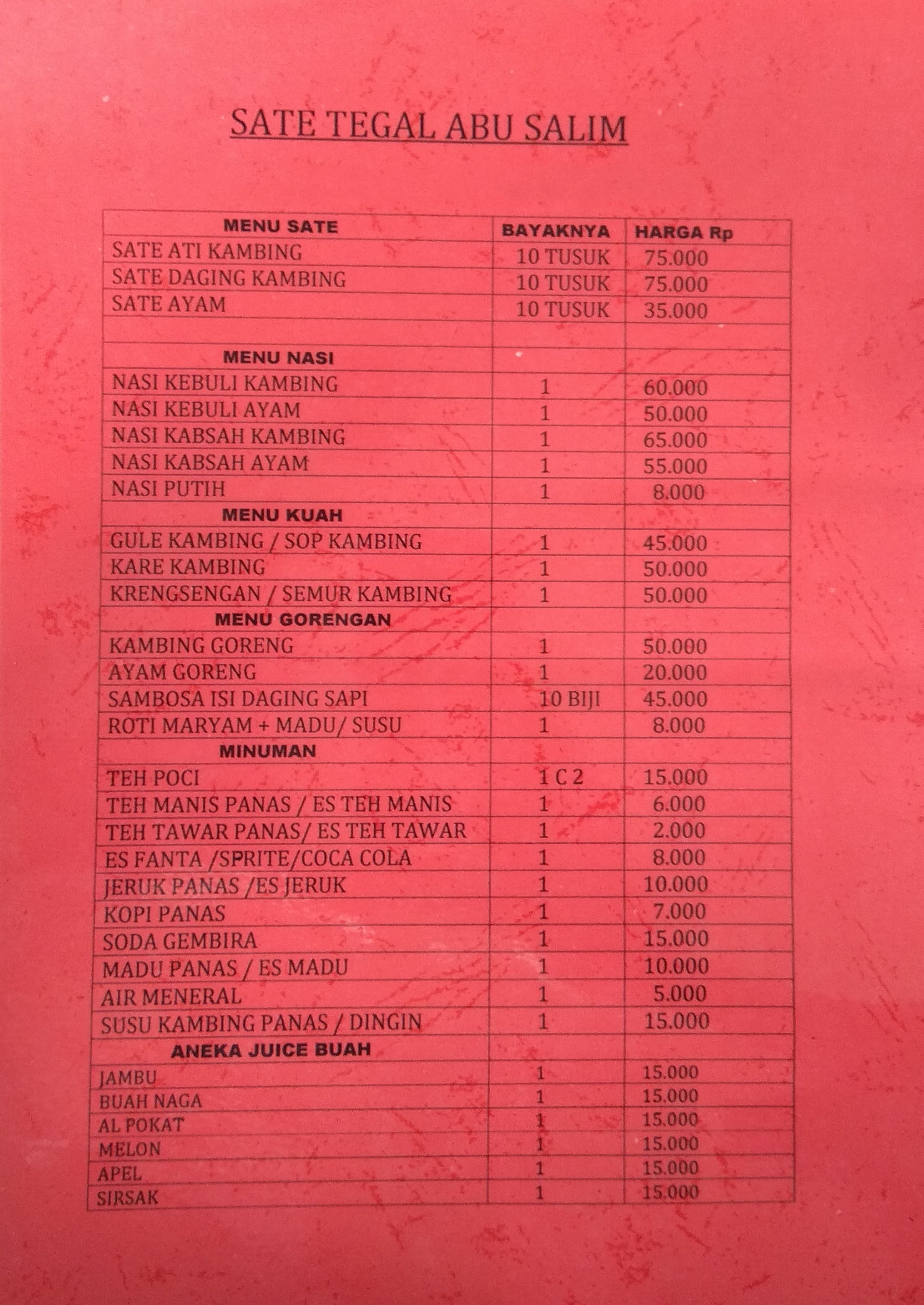 Menu at Sate Tegal Abu Salim restaurant, Jakarta, Jl. Raya Condet No.2