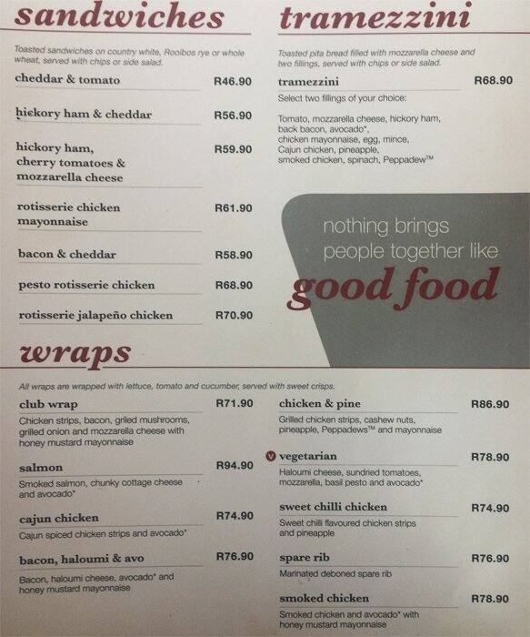 Menu au Foodchain restaurant, Pretoria, Menlyn Park