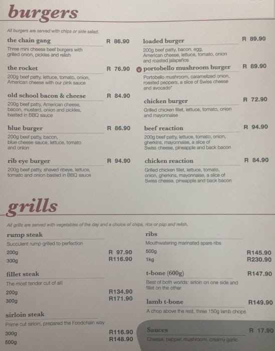 Carta de Food Chain, Pretoria, Menlyn Park Shopping Centre