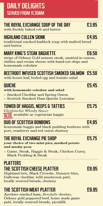 Menu at Royal Exchange Coffee House, Edinburgh