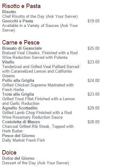 Carta del restaurante Al Fogolar, Vaughan
