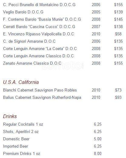 Carta del restaurante Al Fogolar, Vaughan