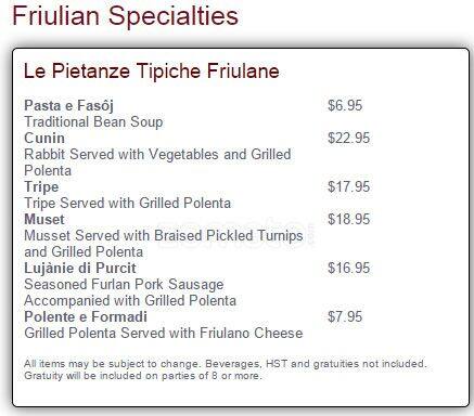 Carta del restaurante Al Fogolar, Vaughan