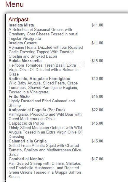 Carta del restaurante Al Fogolar, Vaughan