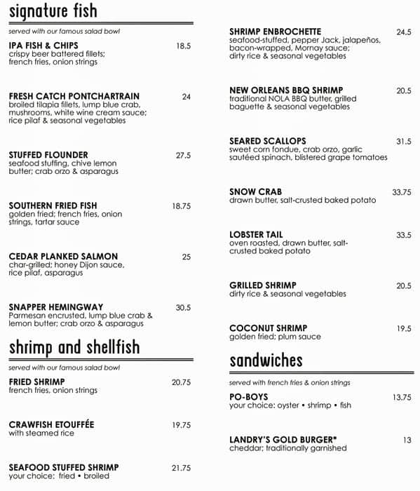 Menu at Landry's Seafood House restaurant, The Woodlands, Lake Robbins Dr