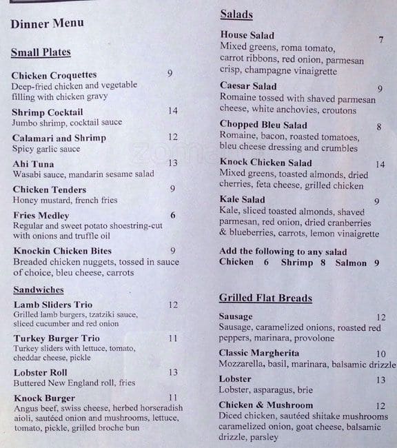Menu at Knock Restaurant and Bar, Philadelphia