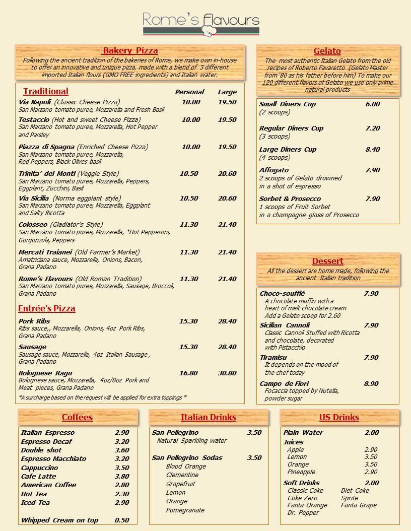 Menu at Rome's Flavours pizzeria, Winter Park