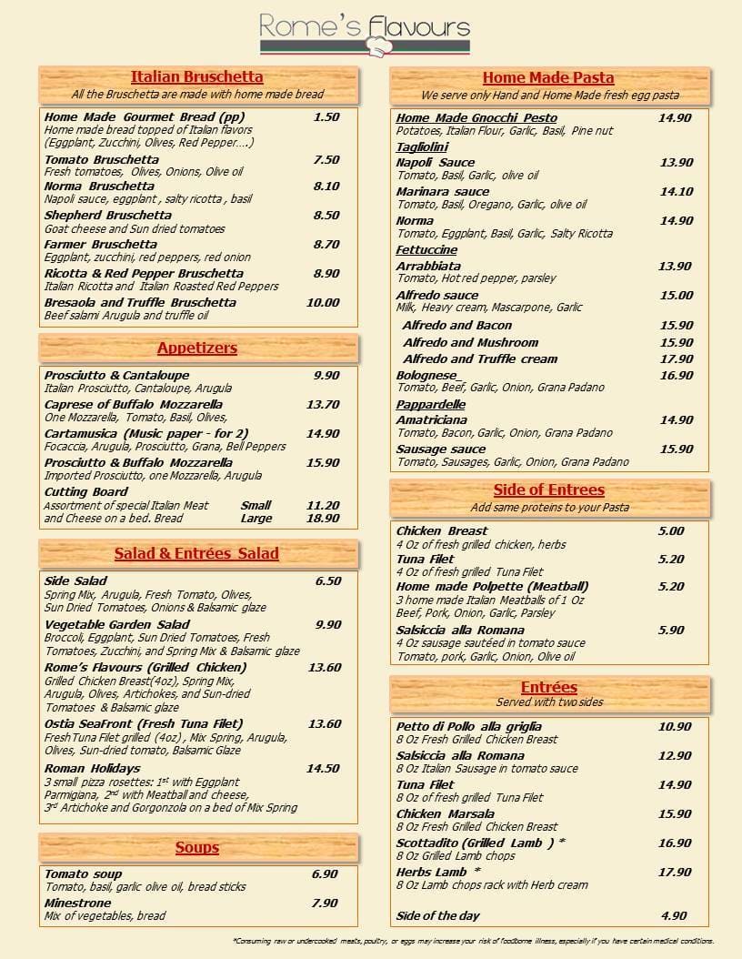 Menu at Rome's Flavours pizzeria, Winter Park