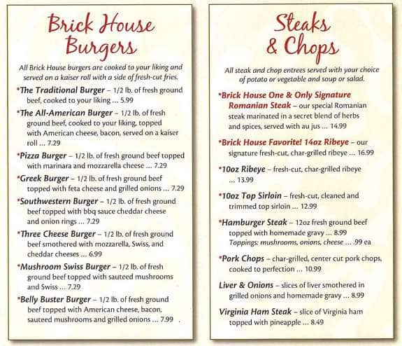 Menu at Brick House Diner restaurant, Midlothian