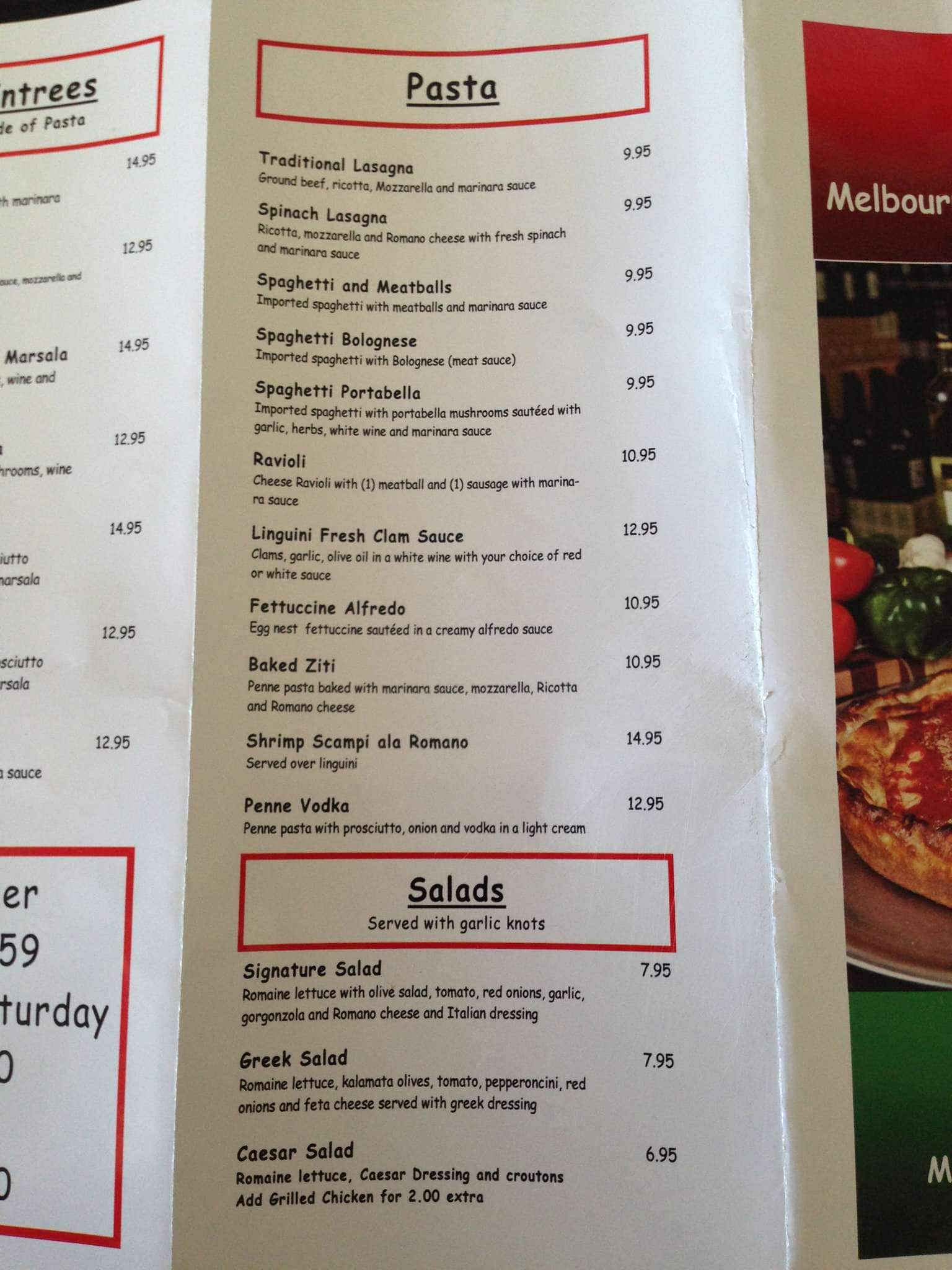 Menu at Chefs Corner pizzeria, Melbourne Beach