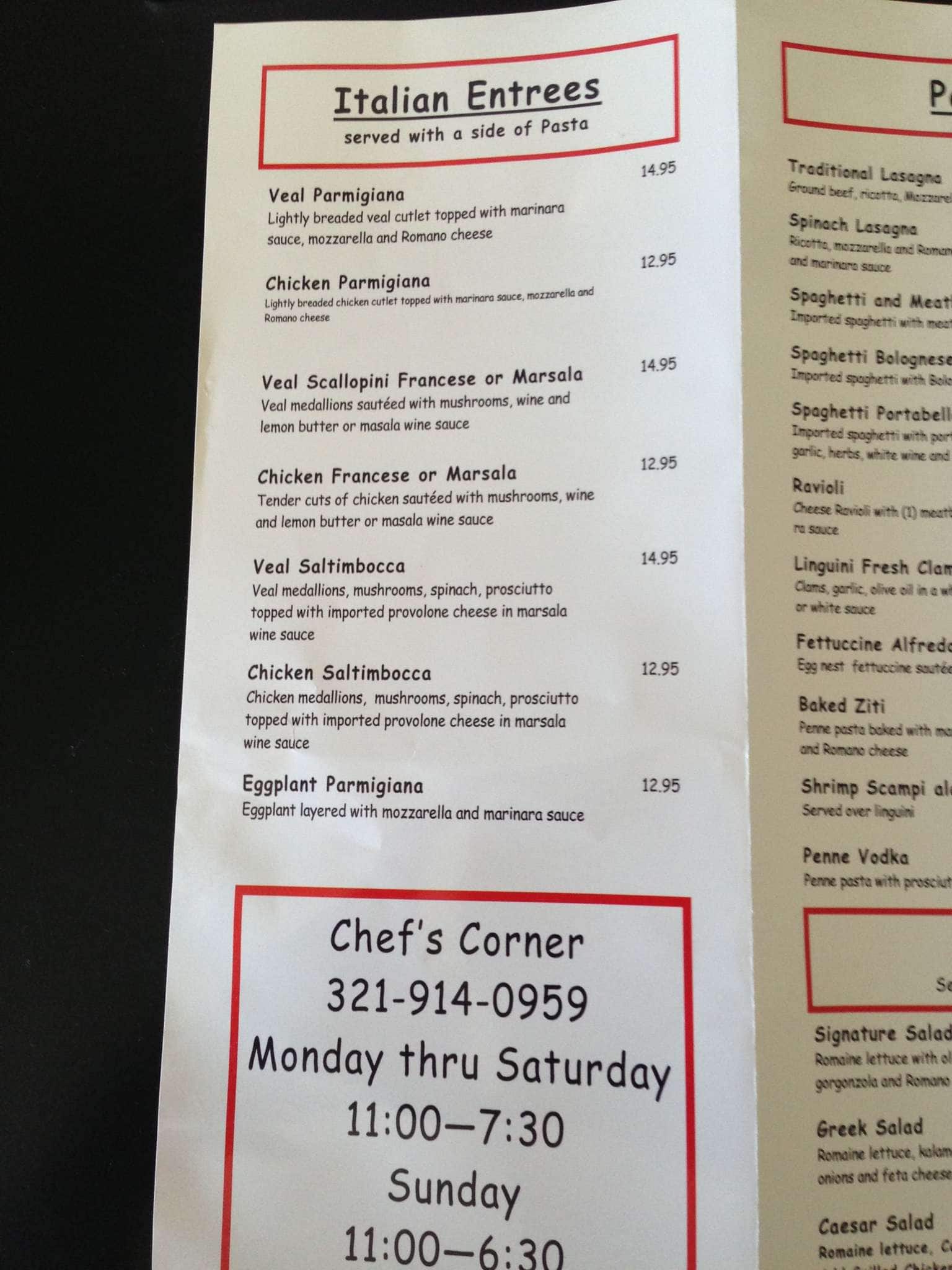 Carta de pizzería Chefs Corner, Melbourne Beach