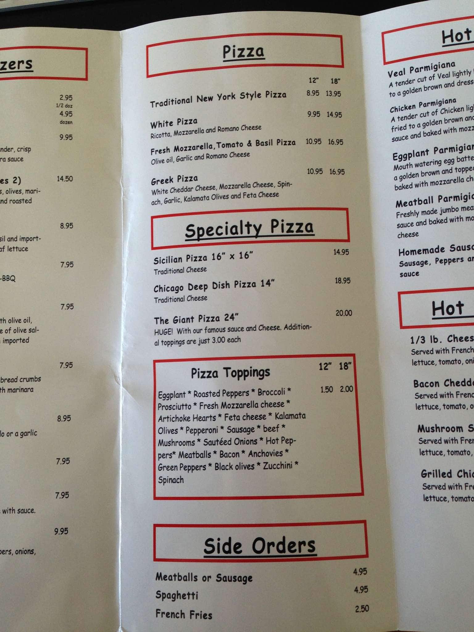 Menu at Chefs Corner pizzeria, Melbourne Beach