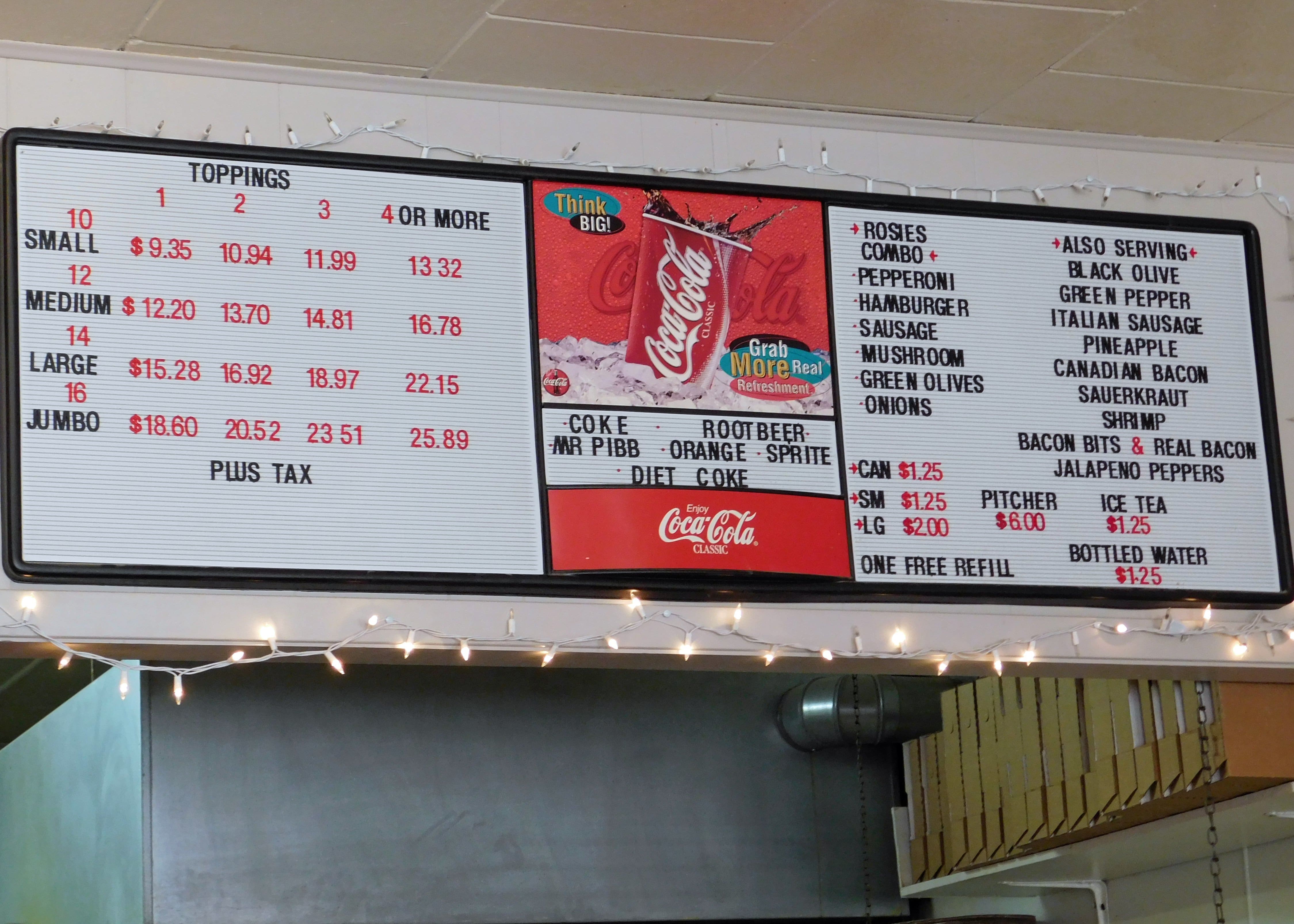 Menu at Rosies Pizza pizzeria, South Sioux City