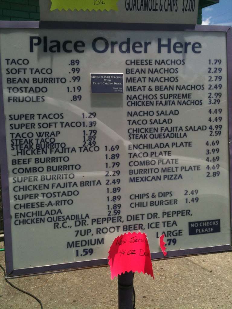 Menu at taco shop restaurant, Corsicana, W 7th Ave