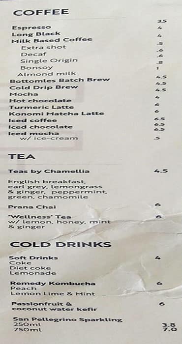 Menu at Legacy Camberwell cafe, Camberwell