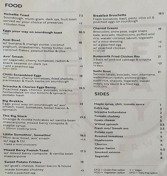 Menu at Legacy Camberwell cafe, Camberwell