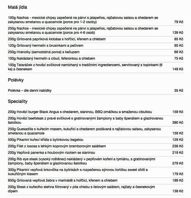 Menu at Restaurace Praga restaurant, Prague